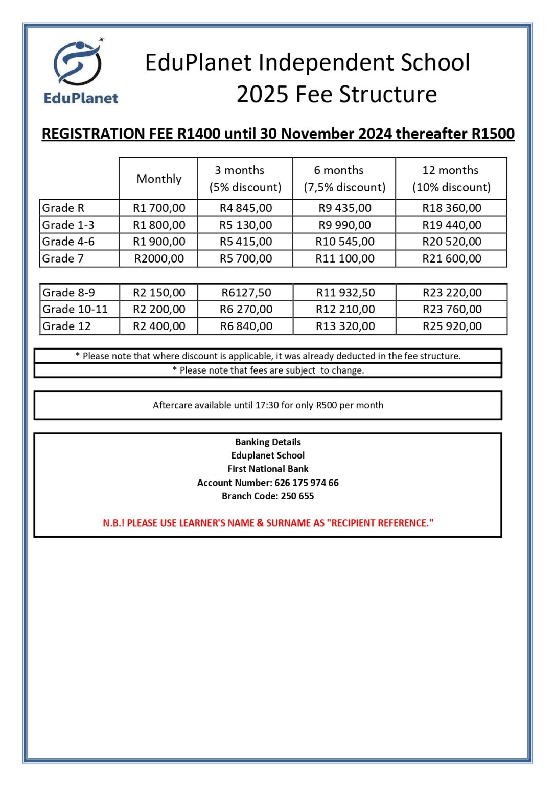 FEE STRUCTURE – Eduplanet